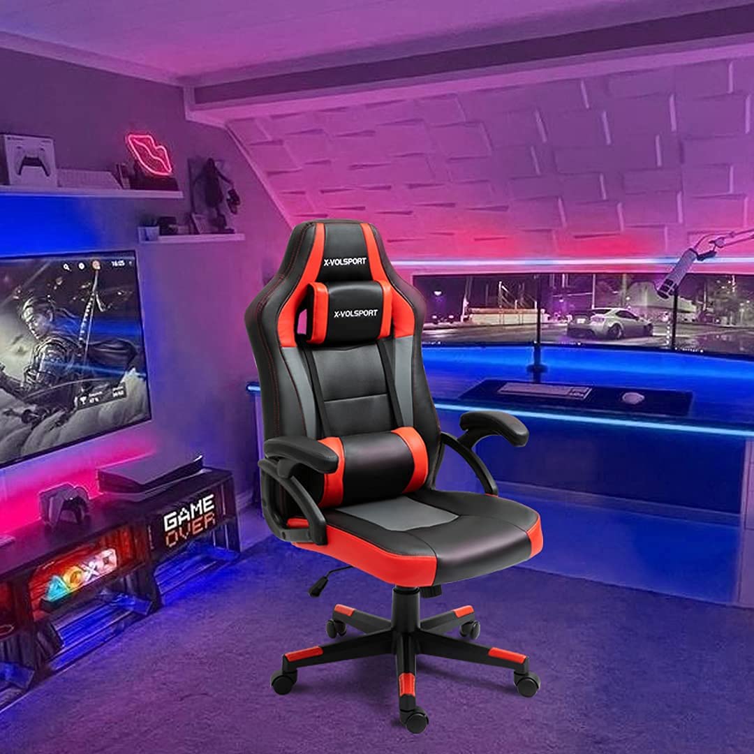 High Back Wide Seat Ergonomic PC Computer Gaming Chair, Leather Swivel Silla Gamer Home Office Desk Chair with Headrest and Lumbar Support for Adult (Red+Black)