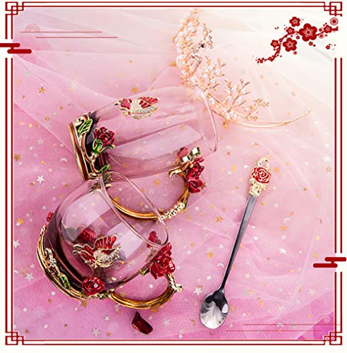 Guon-Wuvl Handicraft Crystal Glass 3D Flower Cups Tea Mug With Tea Spoon Women Coffee, Tea, Juice, Beer, Milk Hot And Cold Drinks Use Gift Package. (Rose Red Coffee Cup, 12 OZ)