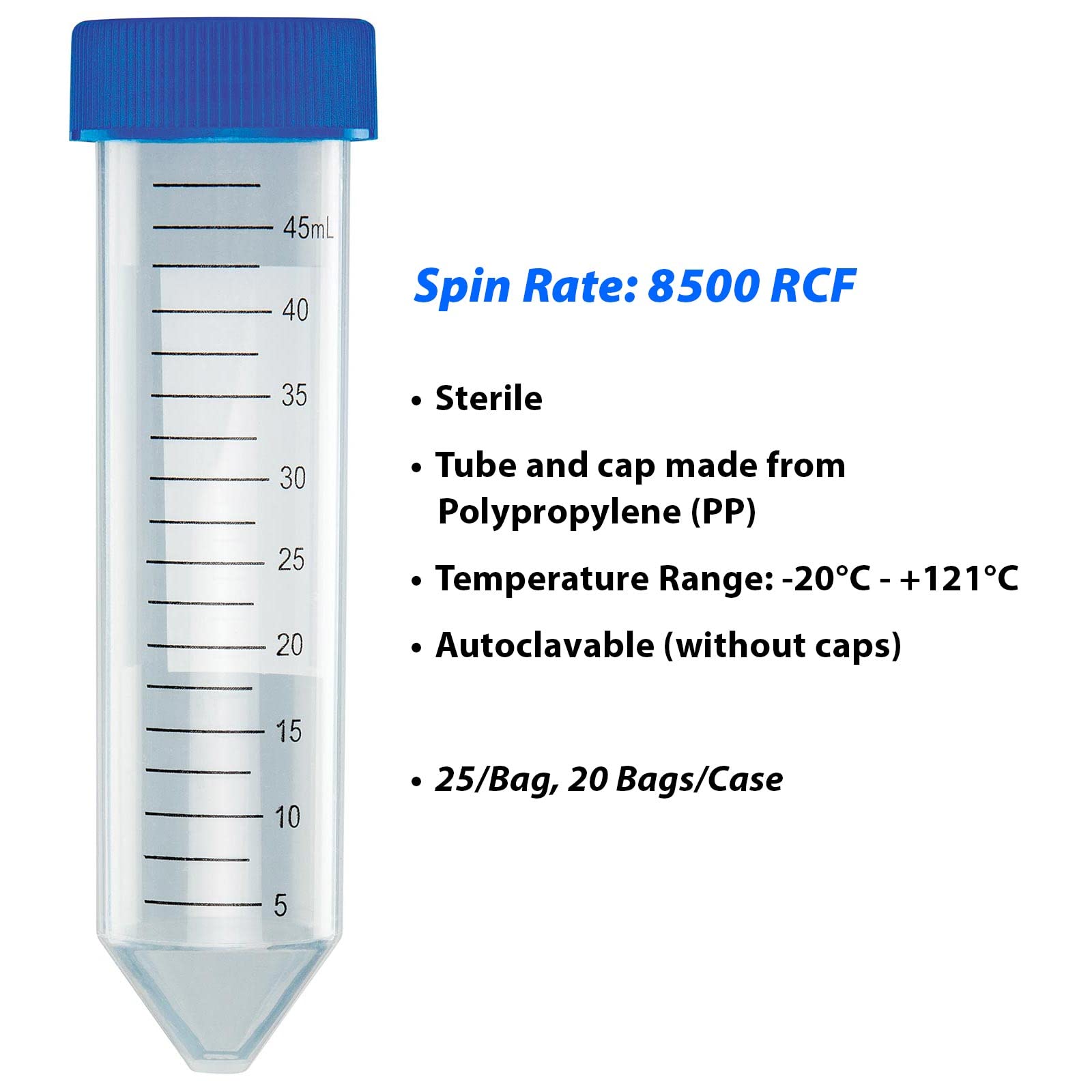 Globe Scientific 6289 Polypropylene Centrifuge Tube with Attached Blue Flat Top Screw Cap, Sterile, Printed Graduation, Rack Pack, 50mL Capacity (Case of 500)