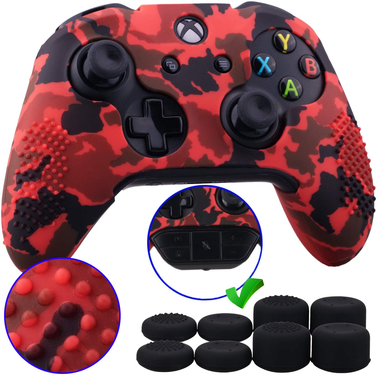 9CDeer Studded Protective Customize Transfer Printing Silicone Cover Skin Sleeve Case + 8 Thumb Grips Analog Caps for Xbox One/S/X Controller Camouflage Red Compatible with Official Stereo Headset