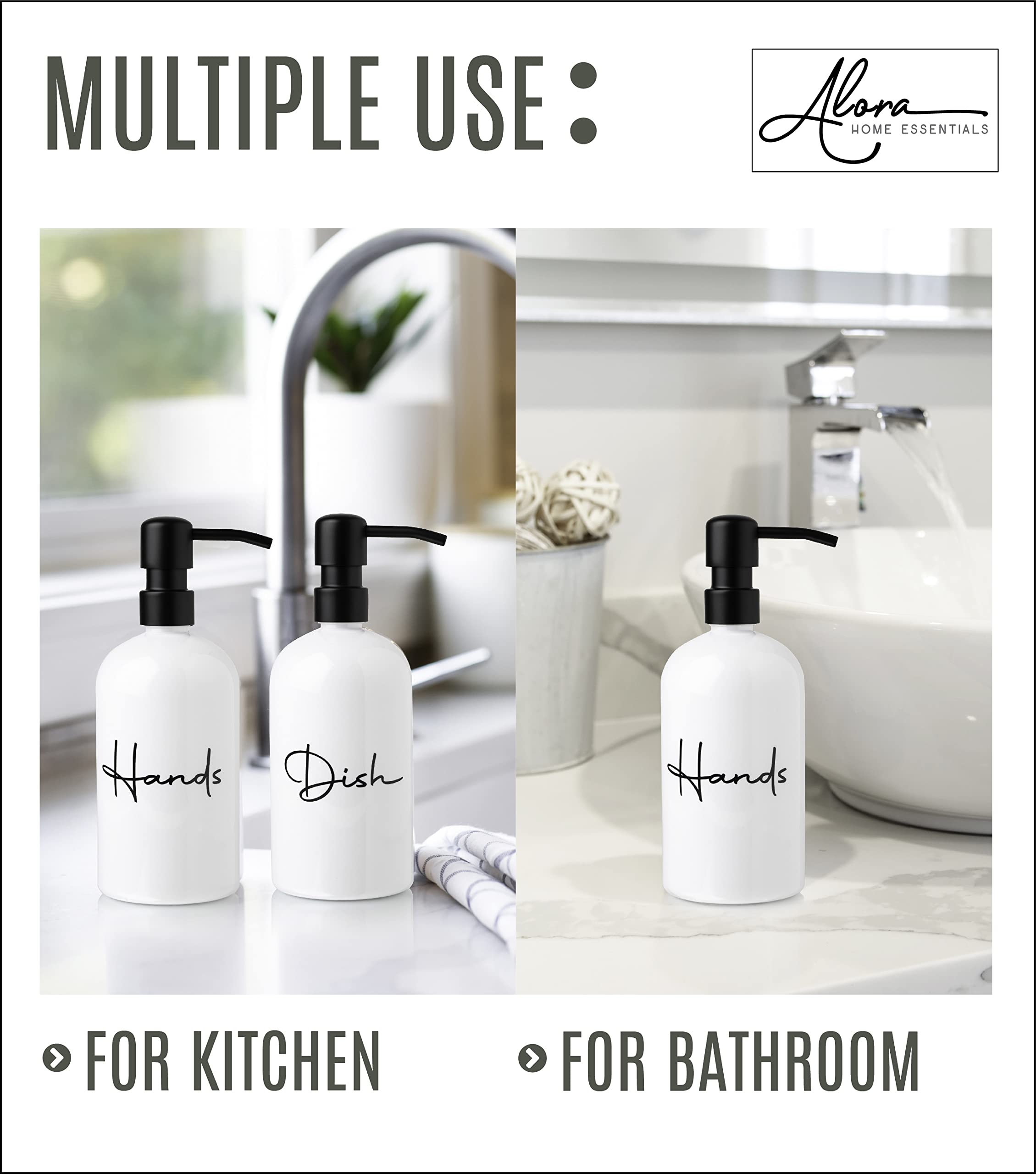 Alora Hand Soap Dispenser and Liquid Dish Soap Dispenser for Kitchen Sink - Set of 2 - Black Metal Pumps - Reusable Plastic Bottle with Easy to Read Lettering - Countertop Replacement Refill