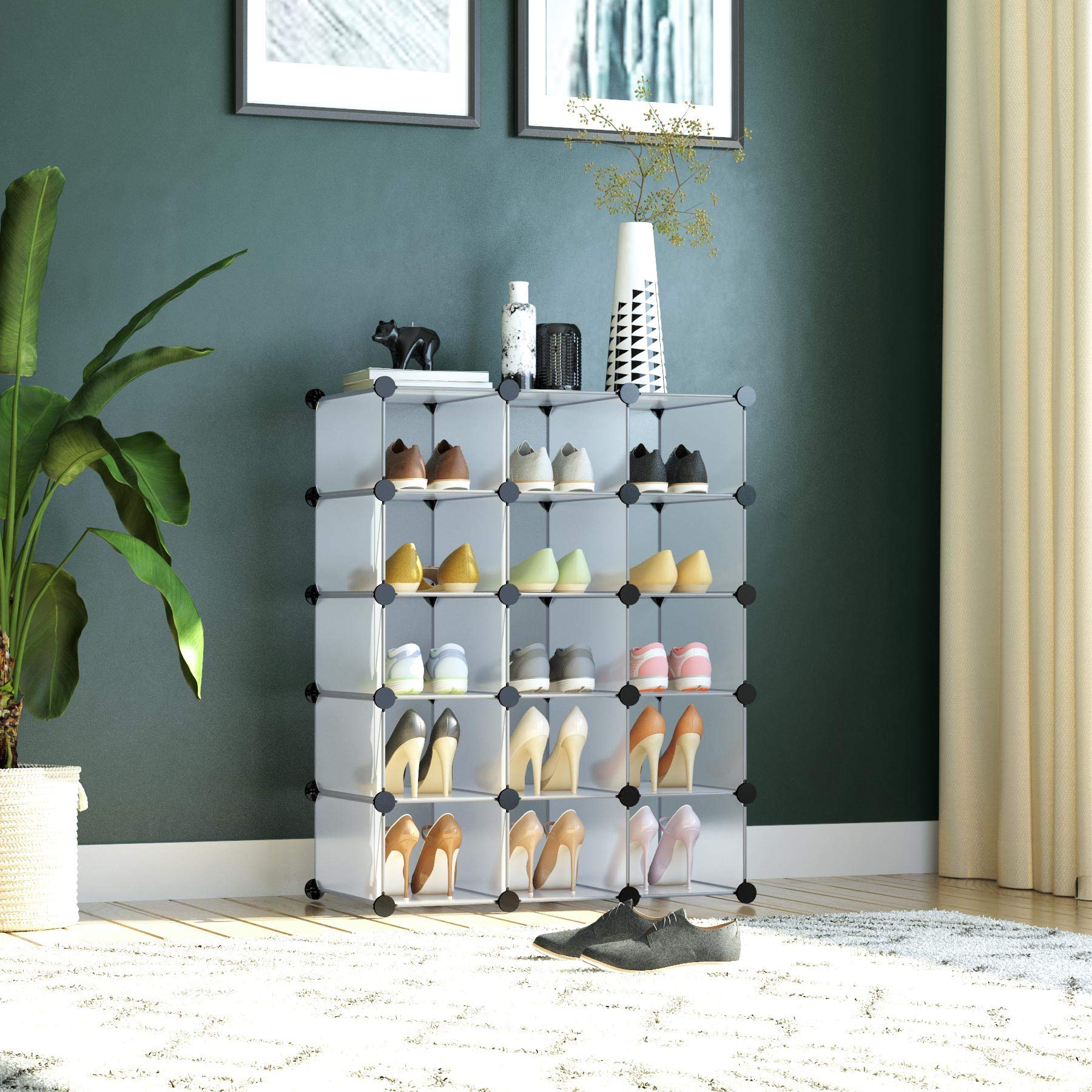 C&AHOME Plastic Shoe Rack,16-Cube Modular Shoes Storage Stand, Multifunction Closet Cabinet, Stackable Shoe Organizer for Bedroom Doorway Entryway Hallway, 36" L × 14.2" W × 28" H White SRP15A