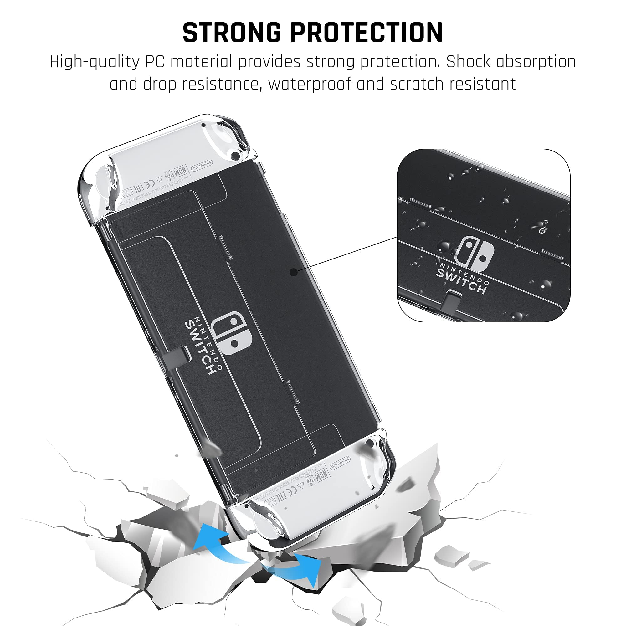 FUNDIARY Dockable Clear Case for Nintendo Switch OLED Model 2021 Skin, Accessories Cover for Switch OLED Console & Joycon with Screen Protector and 10 Pcs Thumb Caps - Full Protection by Flip Shell