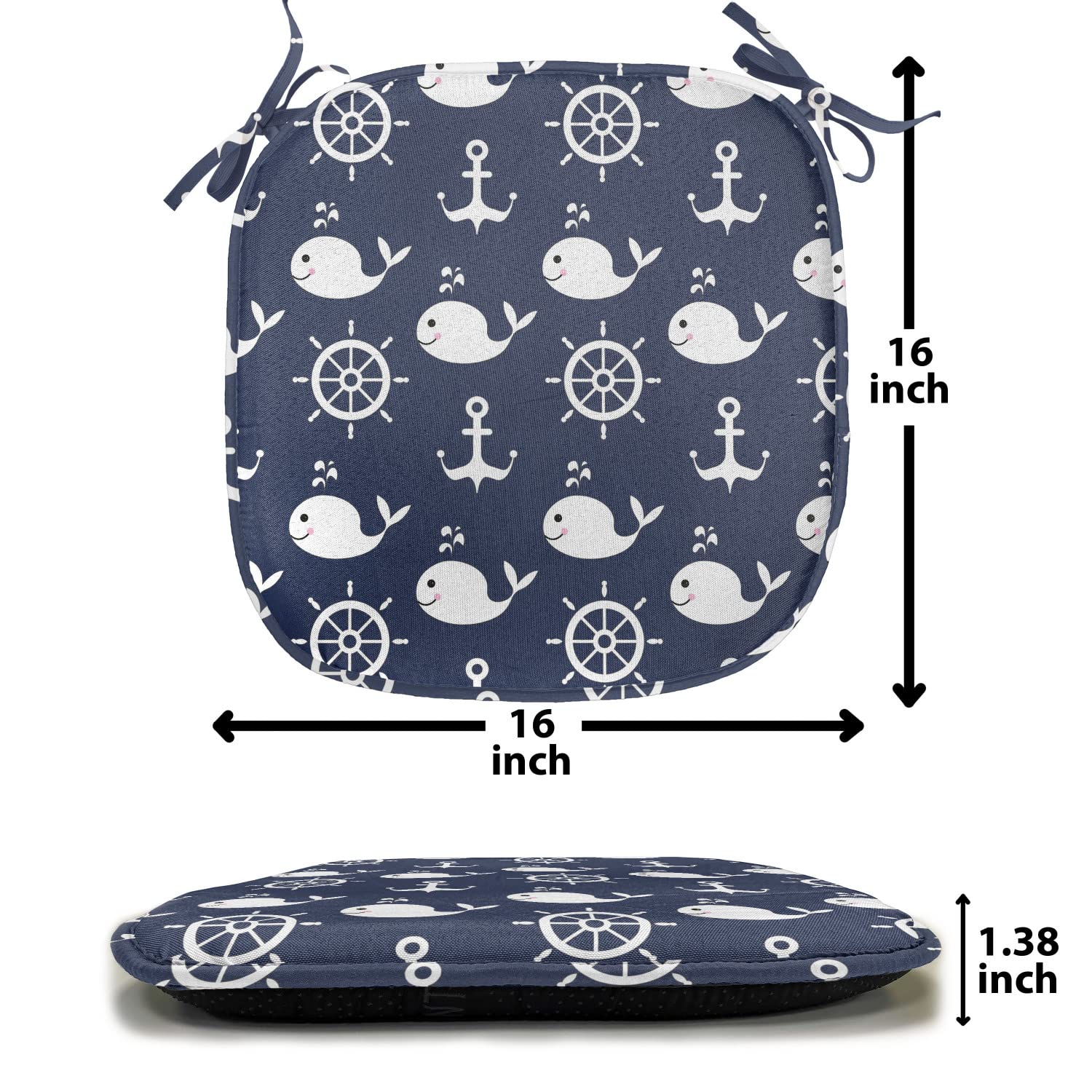 Ambesonne Navy Blue Chair Seating Cushion, Maritime Pattern with Whales Helms Anchors Nautical Elements Deep Sea Life, Anti-Slip Seat Padding for Kitchen & Patio, 16"x16", Navy Blue White