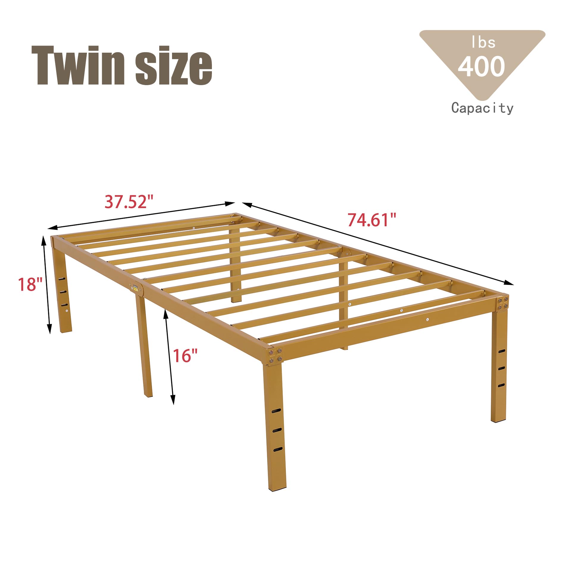 alazyhome 18 Inch Metal Twin Size Bed Frame Heavy Duty Platform Noise Free Steel Slat Support Easy Assembly Noise Free No Box Spring Required Gold