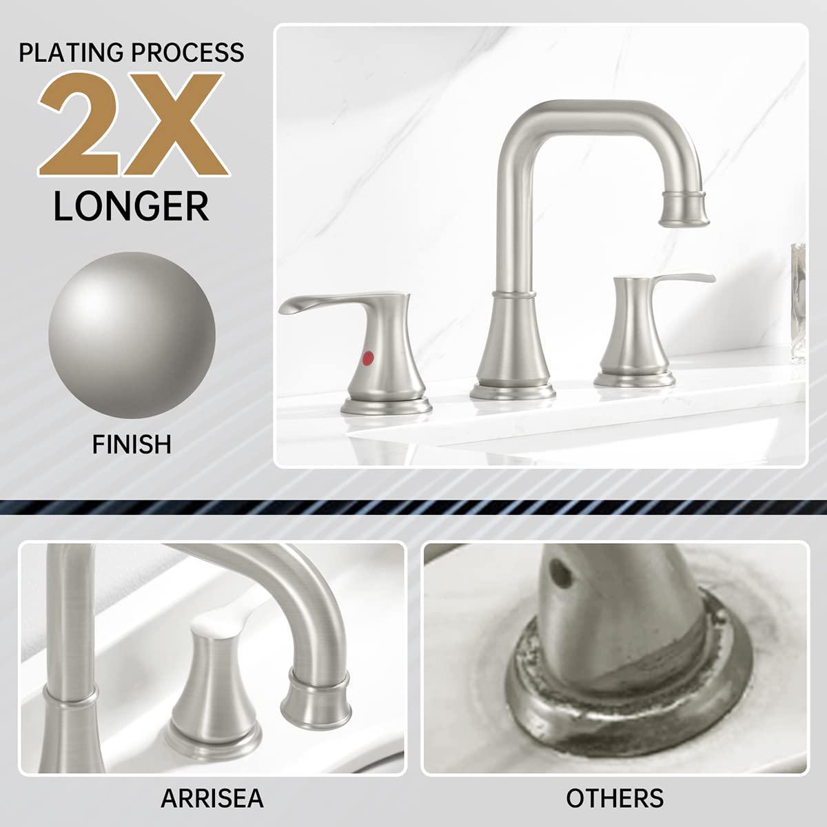 ARRISEA Bathroom Faucets for Sink 3 Hole Brushed Nickel Bathroom Sink Faucet with Pop-up Drain and Built-in Strainer, 8 Inch Wide-Spread Faucets for Bathroom Sink 3 Hole, BF057-1-BN