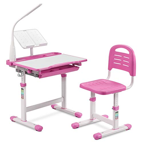 LINKLIFE Kids Functional Desk and Chair Set, Height Adjustable Children School Study Desk with Tilt Desktop, Bookstand, Pencil Case,LED Light, Metal Hook and Storage Drawer for Boys Girls (Pink)…