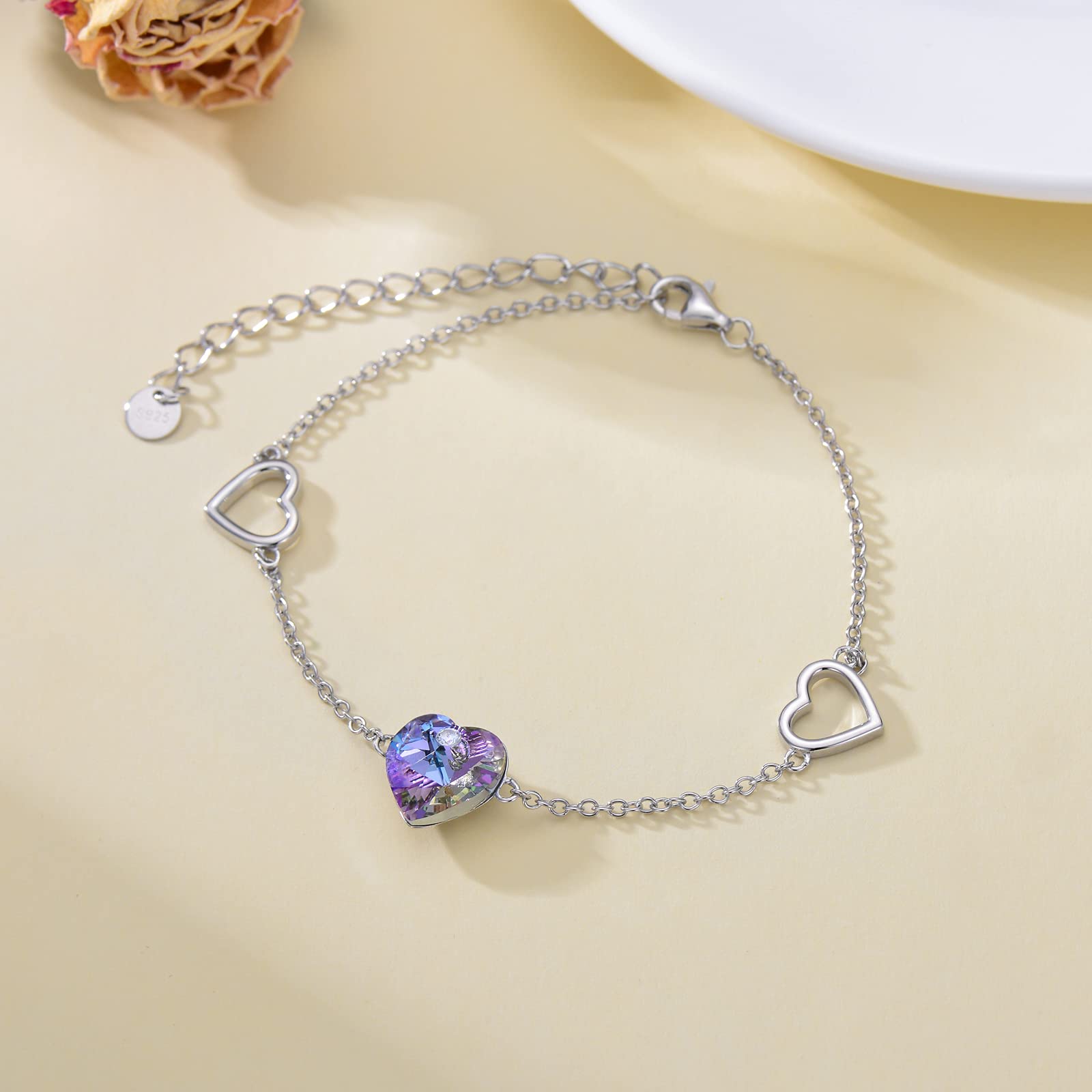 Amethyst Bracelet Sterling Silver Heart Purple Crystal Bracelet for Women,7+2 inch