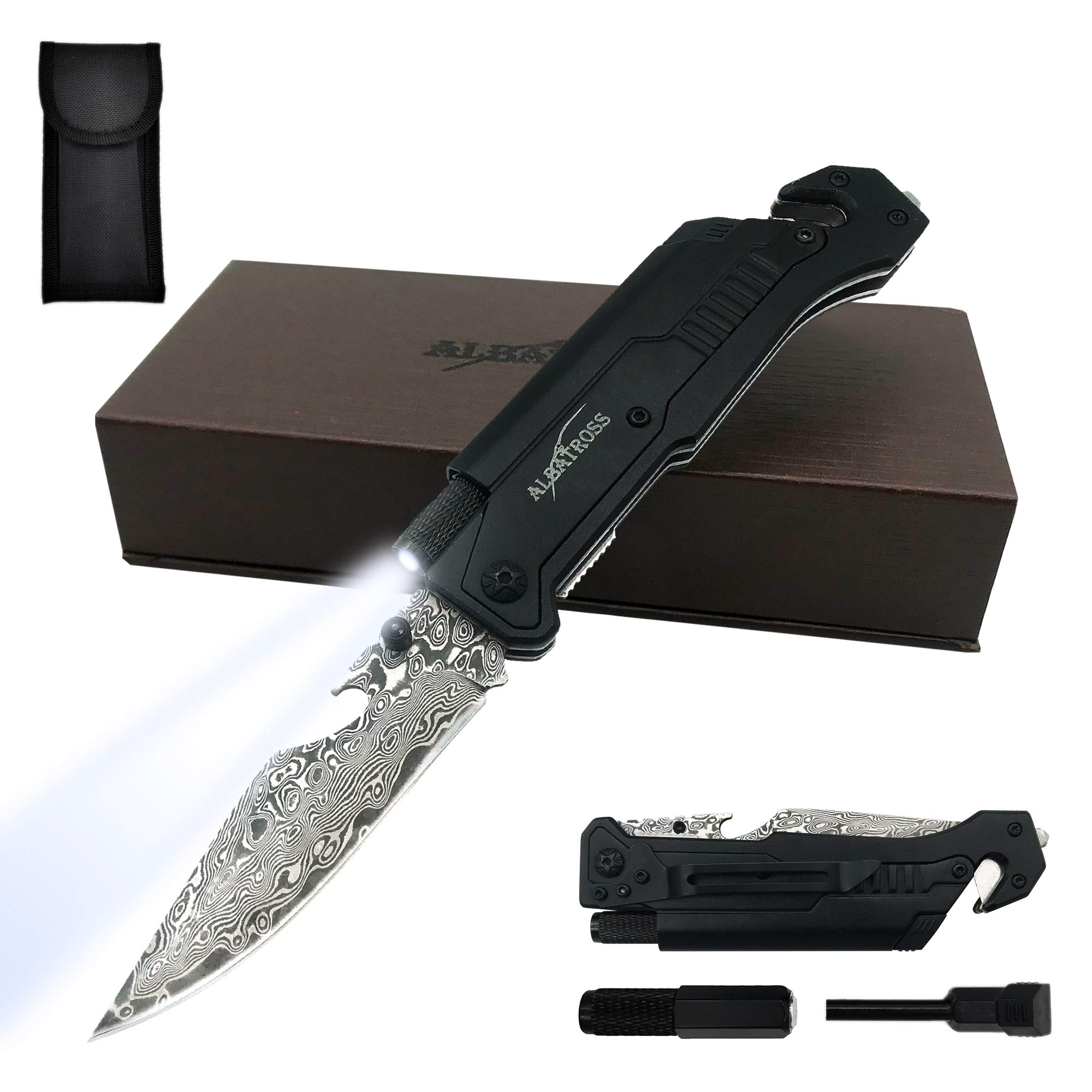 ALBATROSS 6-in-1 Modern Damascus Steel Folding Pocket Knives with LED Light,Seatbelt Cutter,Glass Breaker,Magnesium Fire Starter,Bottle Opener;Multi-Function Emergency Tool(Black-3)