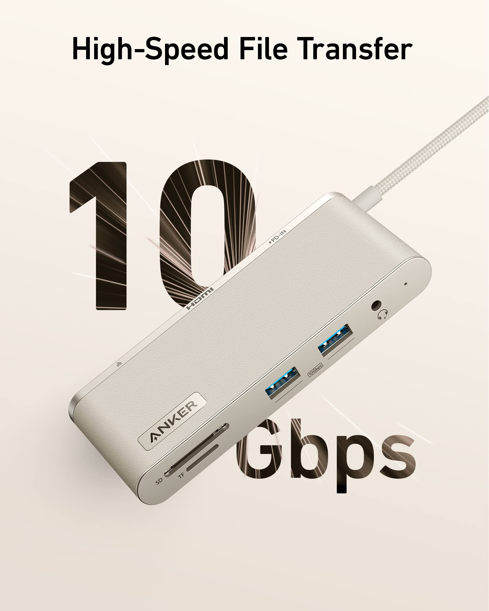 Anker USB C Hub, 655 USB-C Hub (8-in-1), with 2 USB-A 10 Gbps Data Ports, 100W Power Delivery, 4K HDMI, 1 Gbps Ethernet, microSD and SD Card Slots, 3.5 mm AUX, for MacBook, and More (Earthy White)