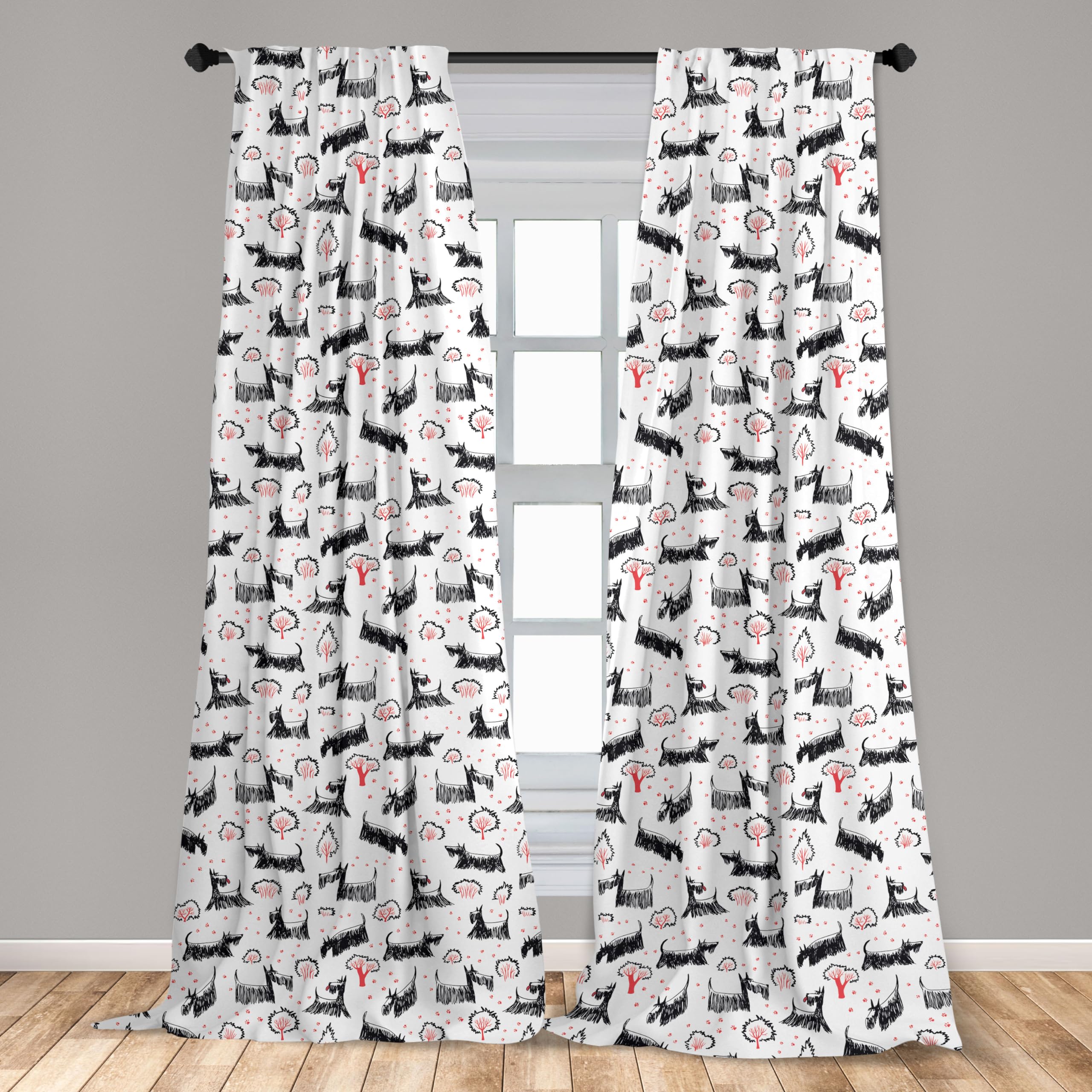 Ambesonne Scottie Dog Window Curtains, Hand-Drawn Sketched and Scribbled Scotch Breeds Playing, Lightweight Decorative Panels Set of 2 with Rod Pocket, Pair of - 28" x 84", Coral Charcoal