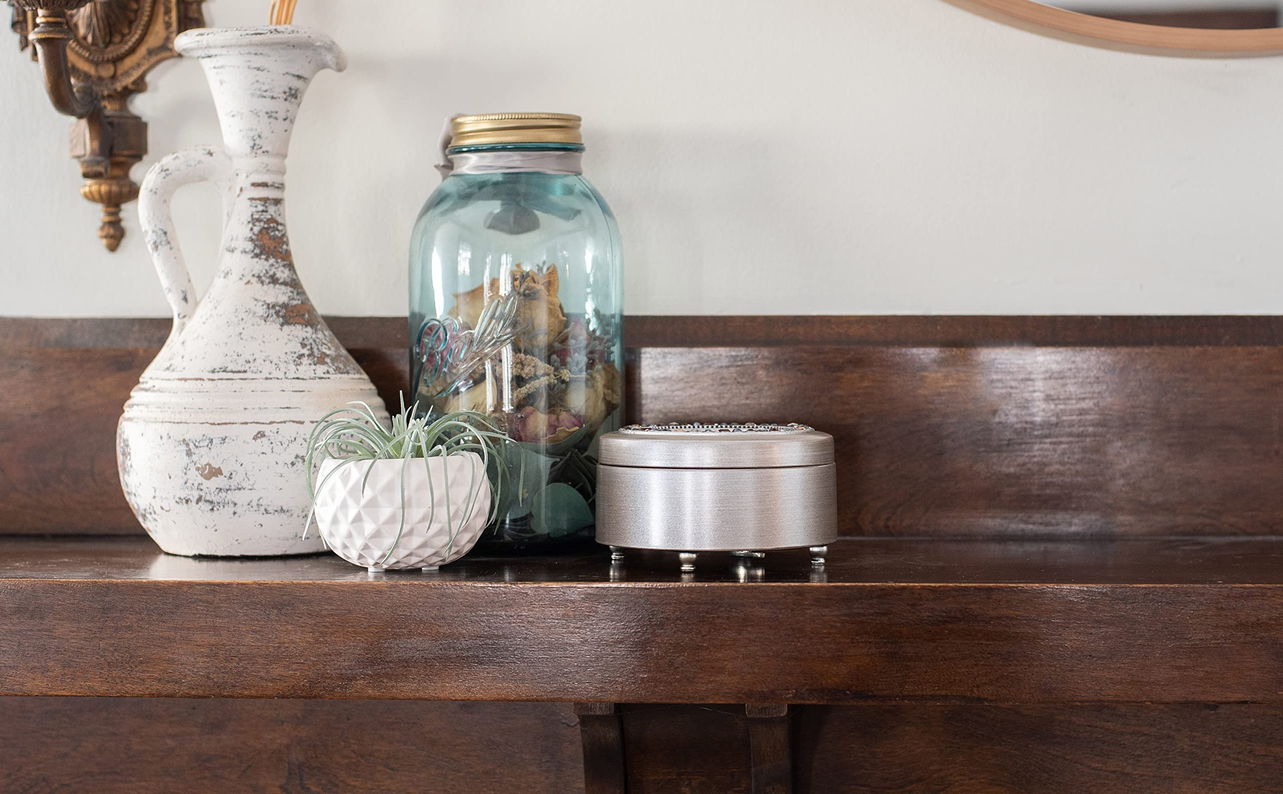 Cottage Garden Be Strong and Courageous Brushed Pewter Jewelry Music Box Plays Amazing Grace