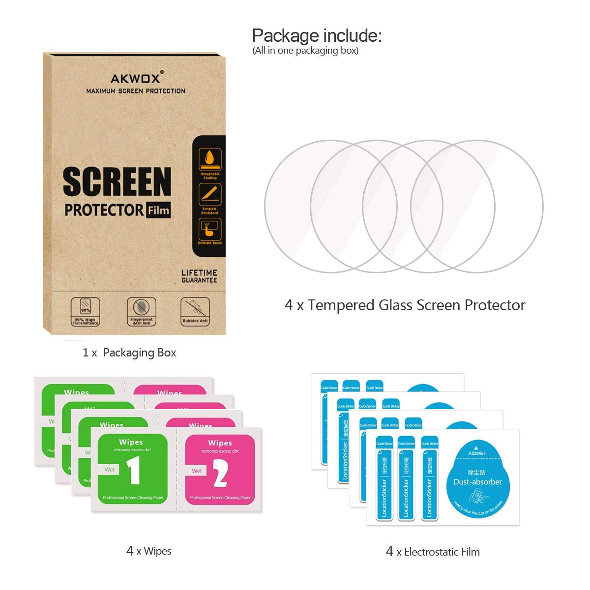 AKWOX Pack of 4 Compatible with Garmin Forerunner 45 45S 245 245 Music Tempered Glass Screen Protector, [0.3mm 2.5D High Definition 9H] Screen Protector for Garmin Vivoactive 3