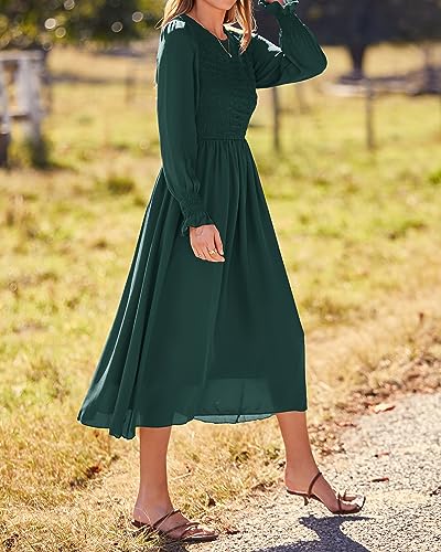 dowerme Women Casual Petal Long Sleeve Crewneck Smocked A-Line Flowy Solid Maxi Dress Fall Winter Party Cocktail Dresses(Solid Dark Green,Small)
