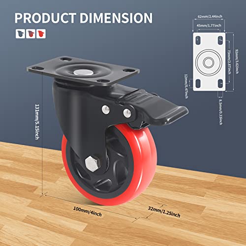 Casters,4 Inch Caster Wheels, Casters Set of 4 Heavy Duty,Red Polyurethane Castors, Safety Dual Locking casters with Brake, Swivel Wheels Industrial Casters for Furniture and Workbench
