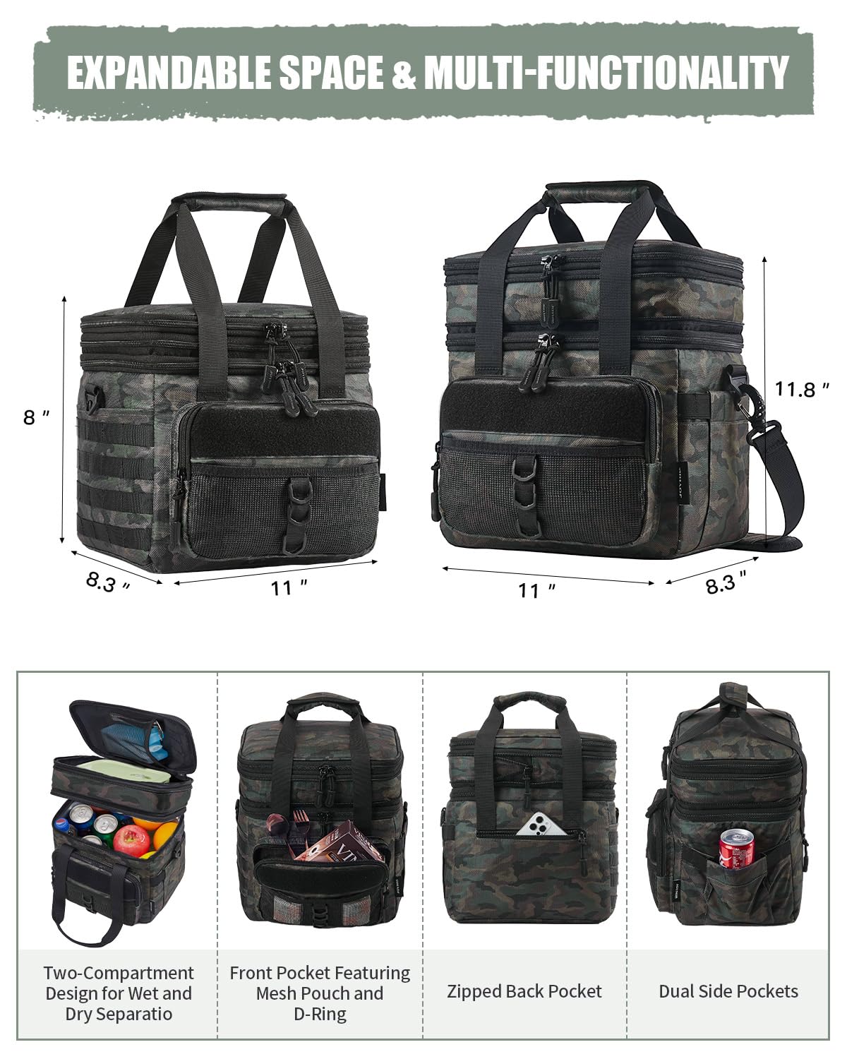 JOYHILL 18 L Tactical Lunch Box - Insulated, Leakproof, and Expandable Double-Deck Cooler Bag for Work, Camping, Picnic - Durable Black Lunch Bag for Adults,24 Can