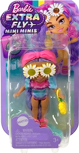 Barbie Extra Mini Minis Travel Doll with Beach Fashion, Tie-Dye Swimsuit and Tropical Accessories, Barbie Extra Fly Small Doll