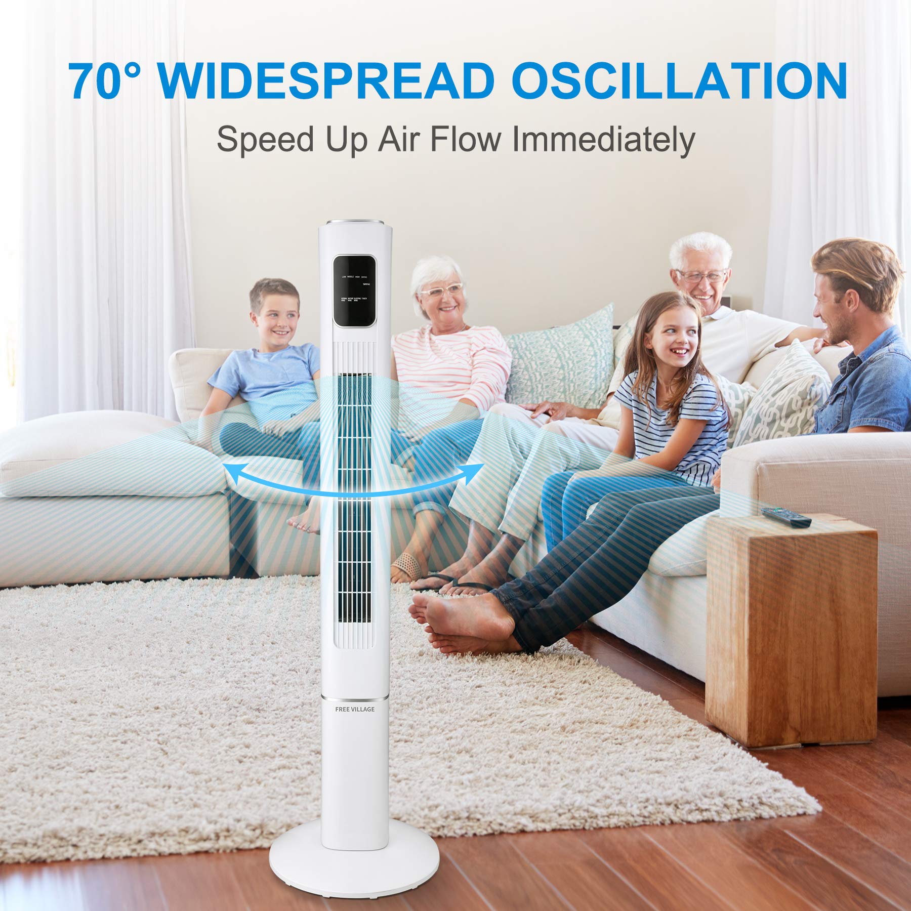 FREE VILLAGE 47'' Bladeless Tower Fan - 47 Inch Portable Tower Fan with Remote, 15 Hours Timer, 70¡ã oscillation, LCD Display, Compact Size, 3 Modes and 3 Speed Settings, Safe for Kids and Pets, White