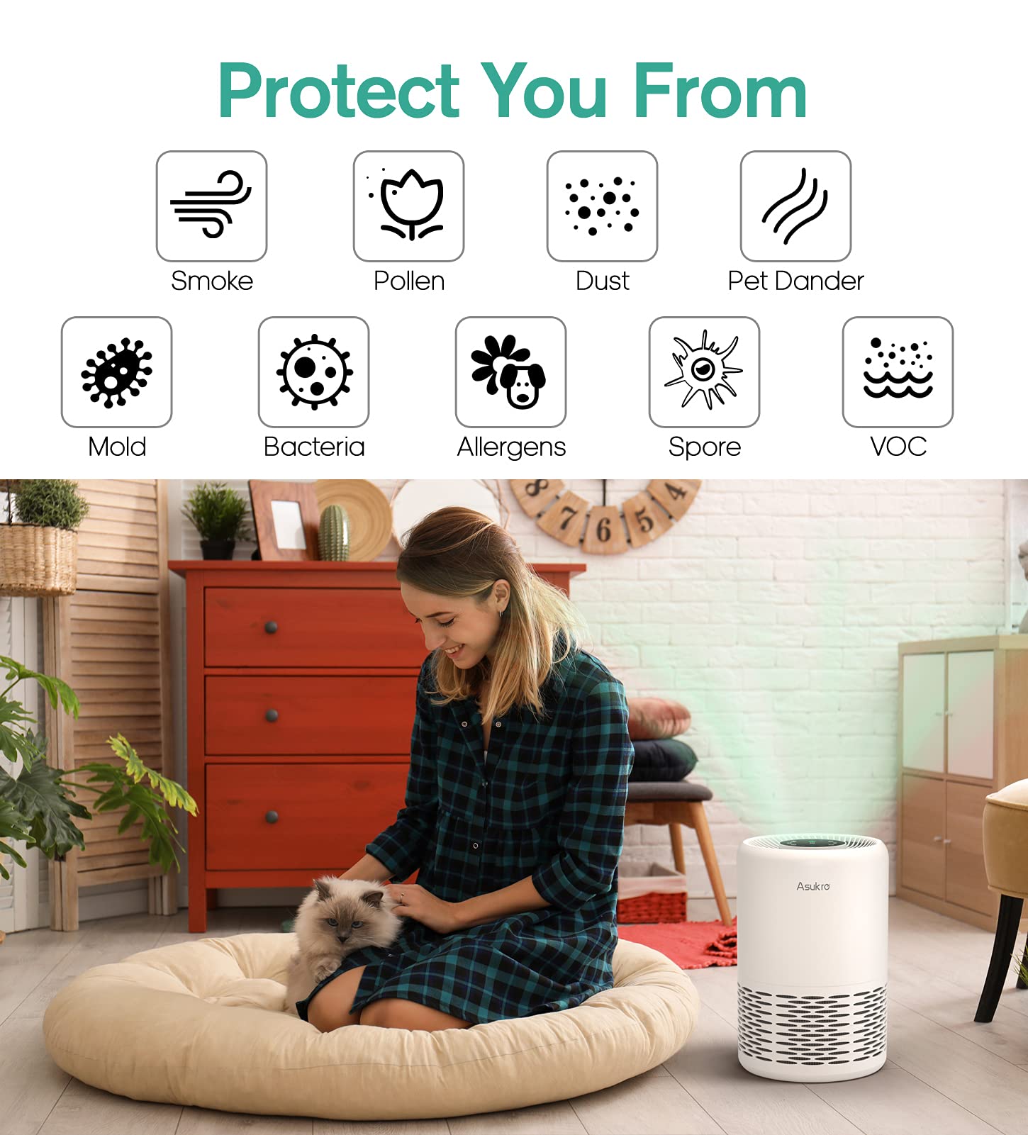 HEPA Filter Air Purifier, Air Purifiers for Home, Bedroom, Office, Pets, H13 Grade (touch control)