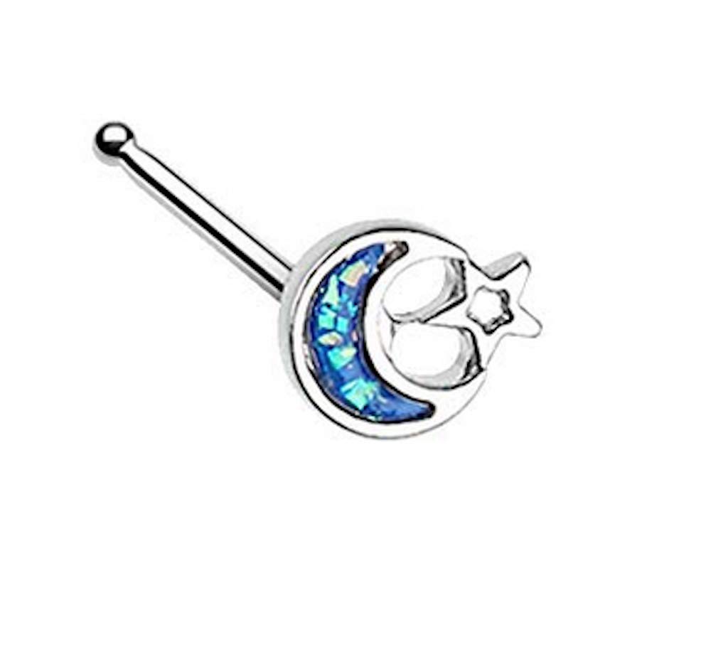 Amelia Fashion 20GA Opal Crescent Moon & Star Nose Stud Ring 316L Surgical Steel (Steel/Blue Opal)