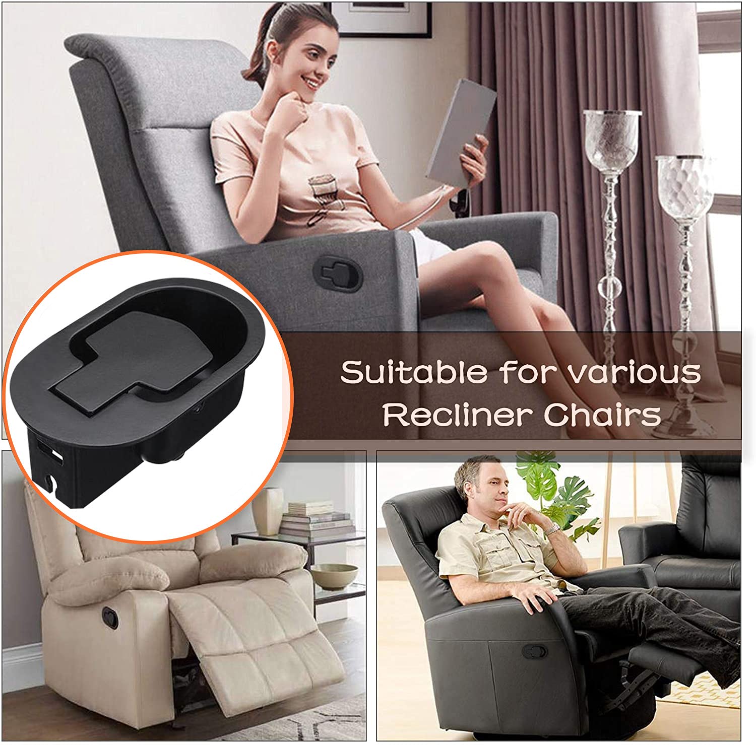 AnrSee 2 Pack Recliner Couch Release Handle,Universal Black Metal Recliner Pull Handle Sofa Release Lever Handle of Most Brands Sofa, Couch, Loveseat, Chair