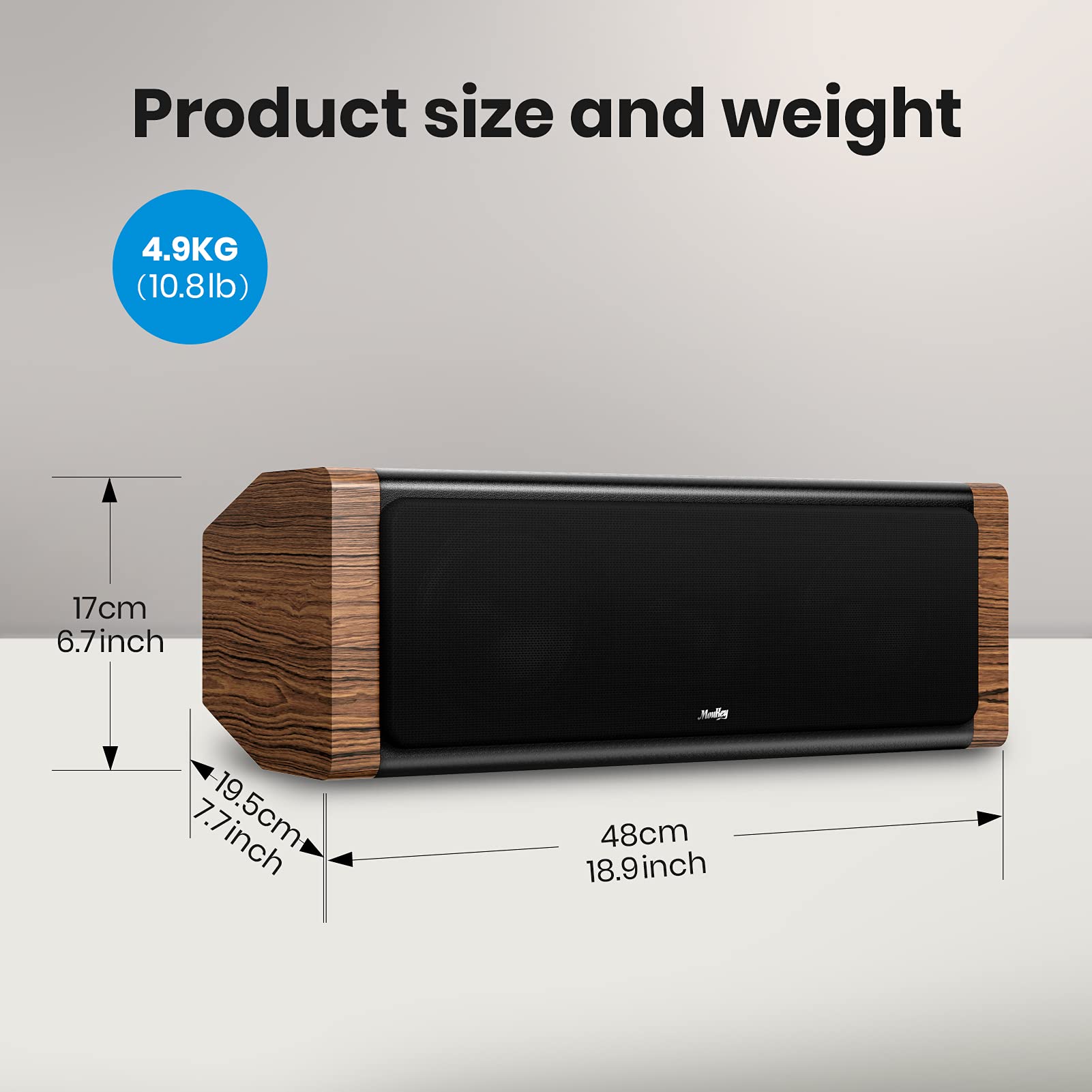 Moukey Center Channel Speaker, 100 Watt Peak Compact Center Speaker Hi-Res Audio with Deep Bass Response, for TV, Home Theater, Dolby and DTS Surround - Mcs1