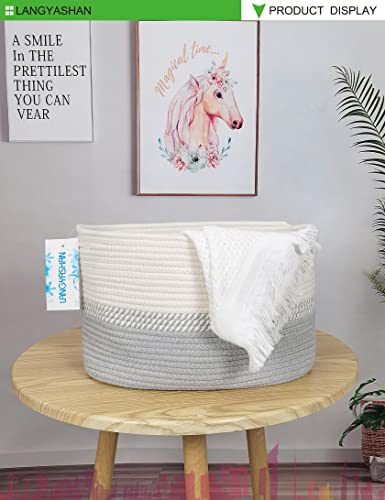 LANGYASHAN Rectangular Woven Rope Basket Decorative Blanket Basket for Living Room Storage or Nursery Laundry Basket Basket with Invisible Handles Laundry Hamper(Gray Invisible Handle)