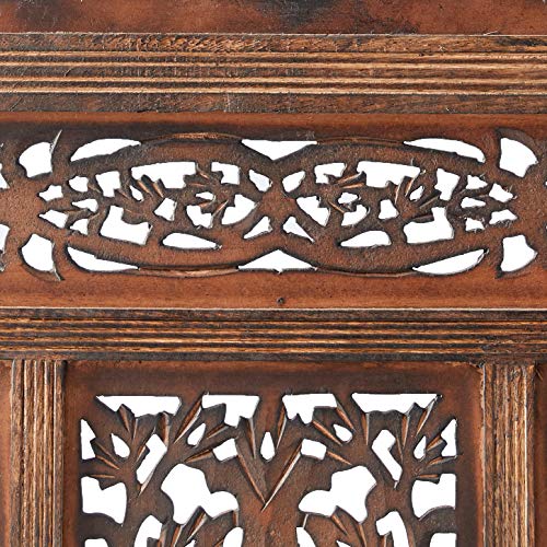 Cotton Craft Ghanti Bells - Antique Brown 4 Panel Handcrafted Wood Room Divider Screen 72x80 - With Tiny Bells - Intricately Carved On Both Sides