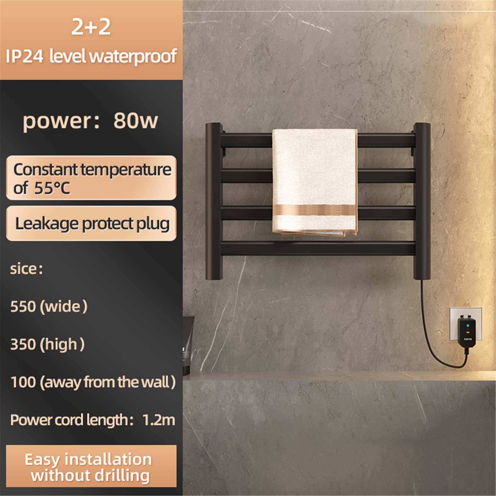 Boyuan Heated Towel Rack, Constant Temperature 55°C, 4-Bar Towel Warmer Rack Wall Mounted Hot Towel Rack Aluminum Alloy 82W Electric Towel Drying Rack Plug-in Towel Warmers for Bathroom Kitchen,Black