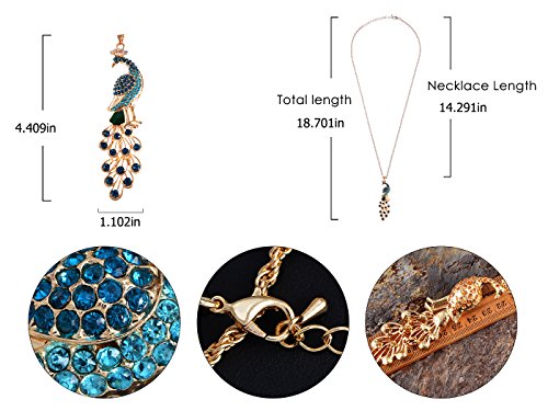 Alilang Golden Tone Blue Green Colored Rhinestone Peacock Bird Pendant Chain Necklace