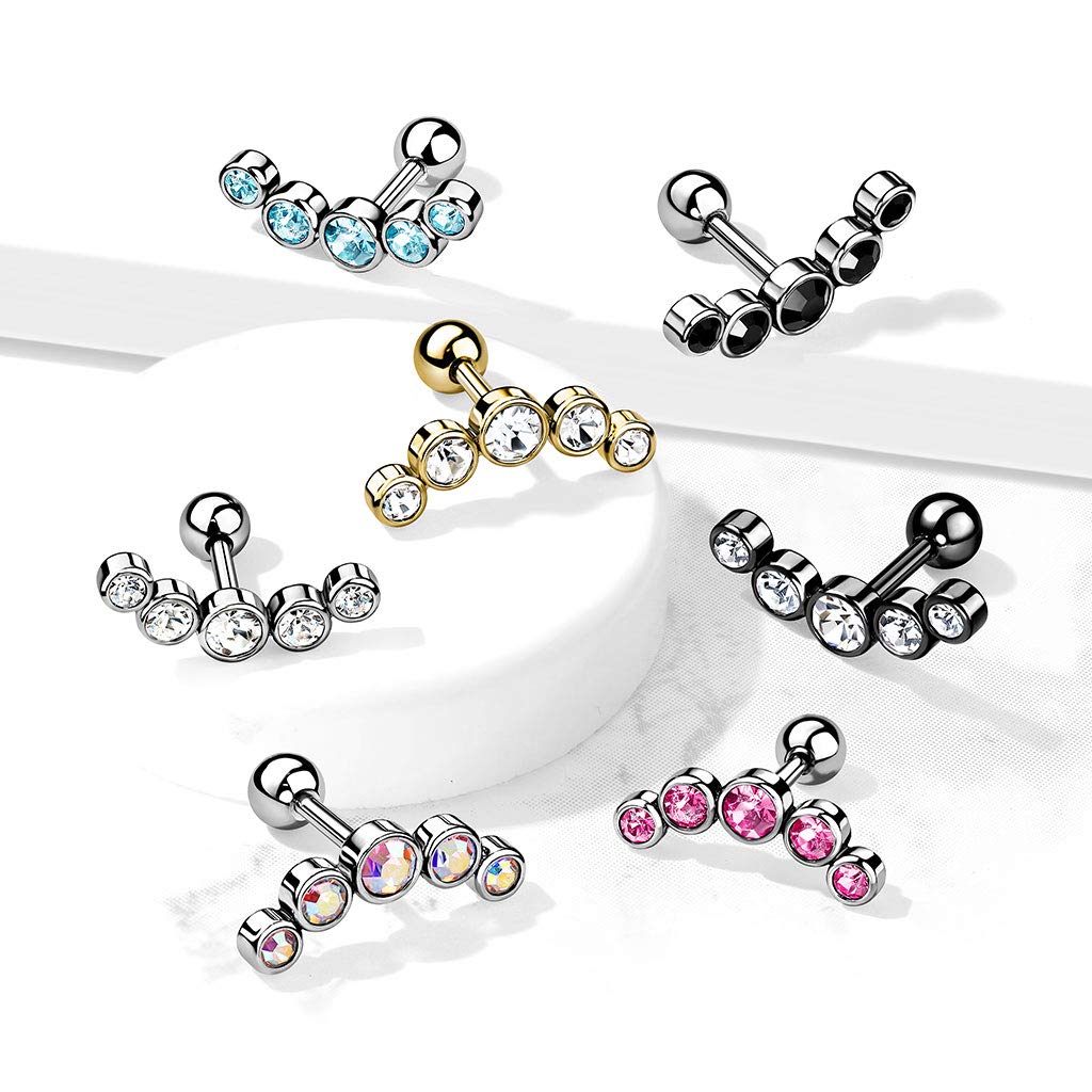 Amelia Fashion 16 Gauge 5-Round Gem Set Curve Top 316L Surgical Steel Cartilage Barbell Studs (Aurora Borealis)