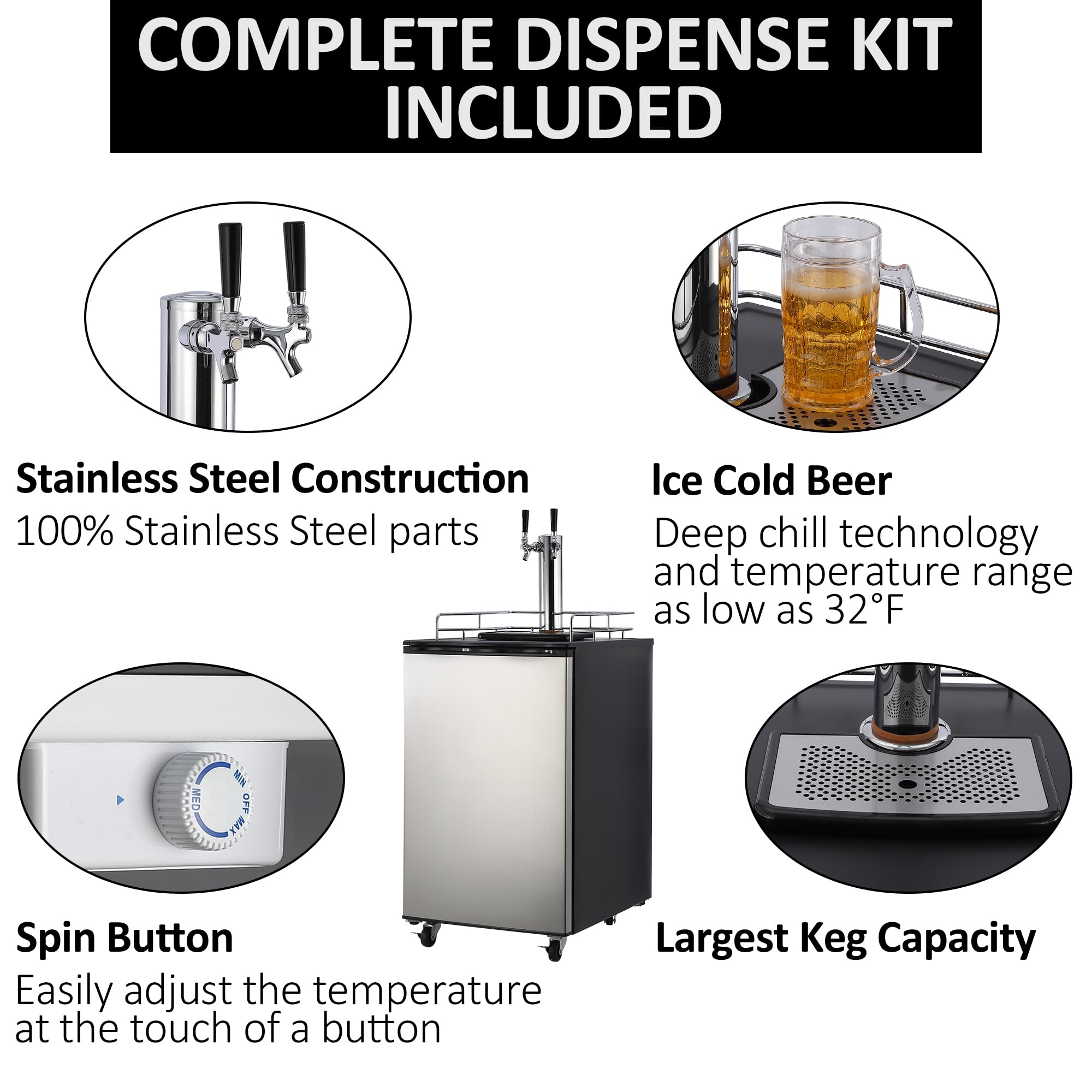 Beer Kegerator, Dual Tap Draft Beer Dispenser, Full Size Keg Refrigerator With Shelves, Stainless Steel, Drip Tray & Rail,silver