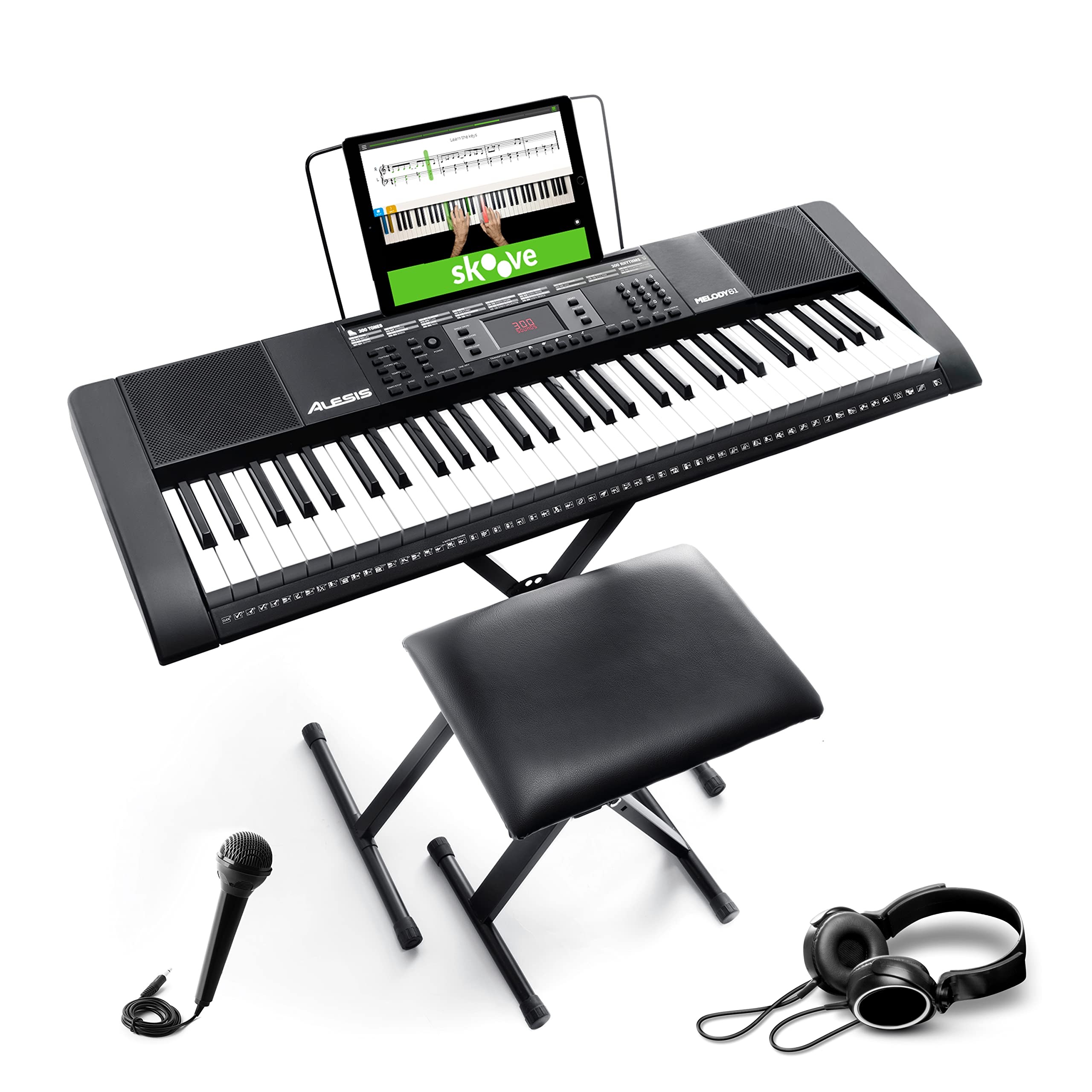 Alesis Melody 61 MKII | 61 Key Portable Keyboard with Built In Speakers, Headphones, Microphone, Piano Stand, Music Rest and Stool (Renewed)