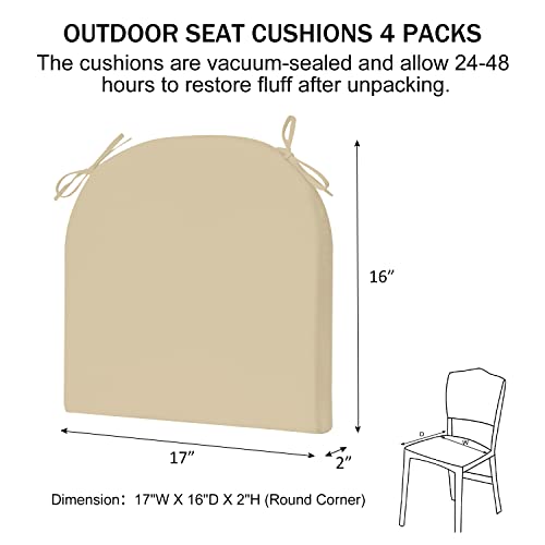 downluxe Outdoor Chair Cushions, Waterproof Round Corner Memory Foam Seat Cushions with Ties for Garden Patio Funiture, 17" x 16" x 2", Khaki, 4 Pack