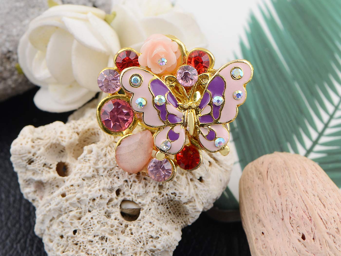 Alilang Golden Tone Shine Pink Crystal Rhinestones Enamel Butterfly Insect Flower Fashion Ring