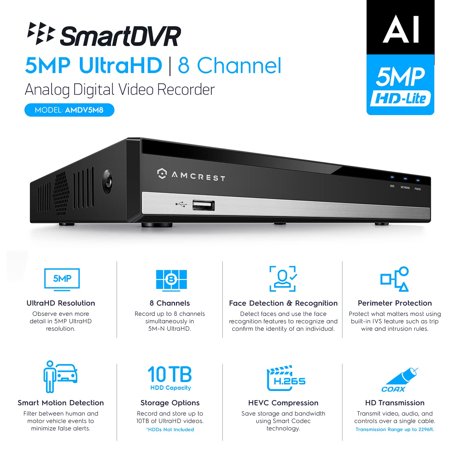 Amcrest 5MP UltraHD 8 Channel DVR Security Camera System Recorder, 5MP Security DVR for Analog Security Cameras, Remote Smartphone Access, HDD & Cameras NOT Included (AMDV5M8)