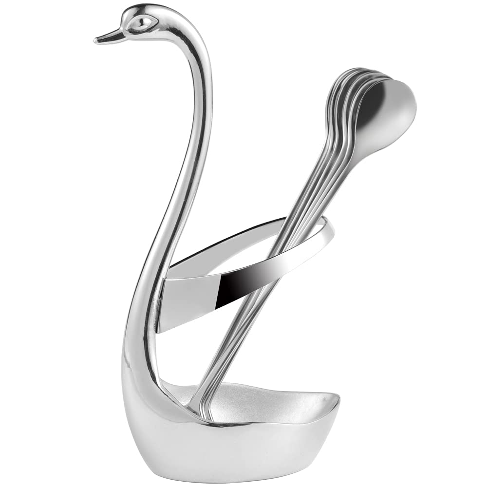 AnSaw Large Silver Swan Base Holder With 12 Pcs Silver Stainless Steel 7.4-Inch Leaf Coffee Spoons Set