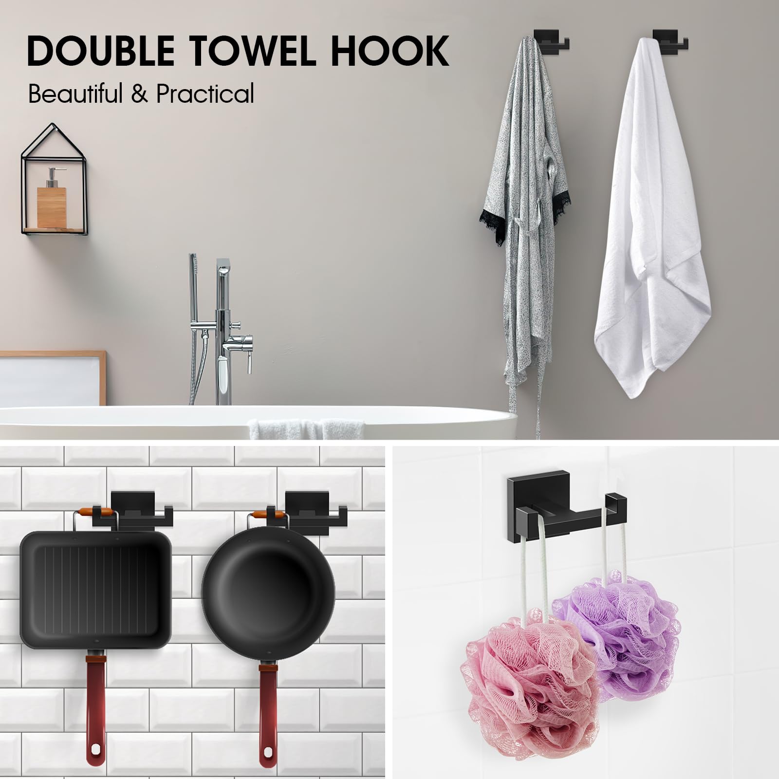 BOZWELL Double Towel Hooks for Bathroom Matte Black Wall Mount,Simple Modern Square Style Coat Robe Hook,Stainless Steel Heavy Duty Door Hanger for Bathroom Bedroom Kitchen Hotel Pool 1502-B-1