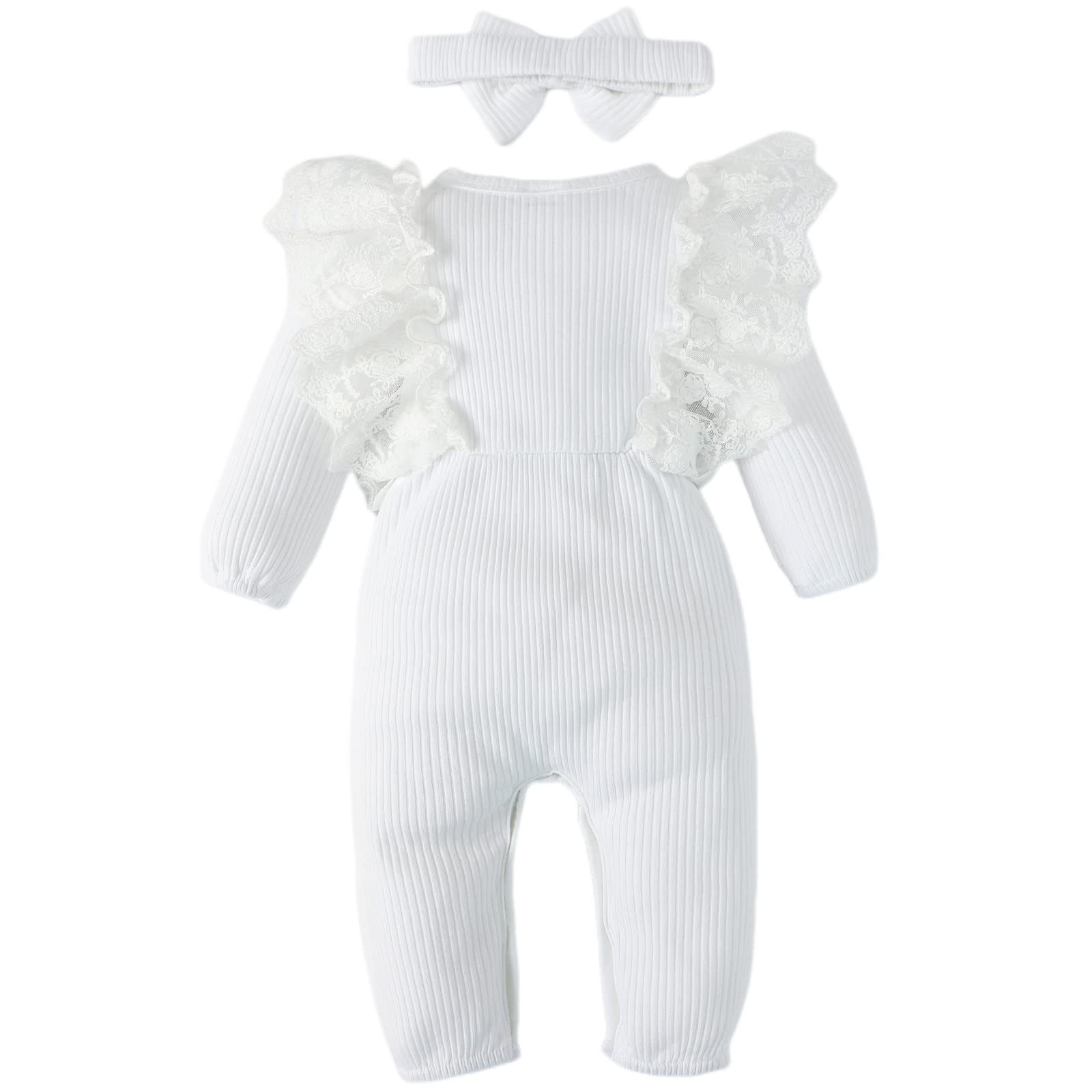 Baby Girl Clothes Newborn Fall Winter Rompers Lace Ruffle Sleeveless One-Pieces Buttons Jumpsuits Bodysuit Outfits Set White 3-6M