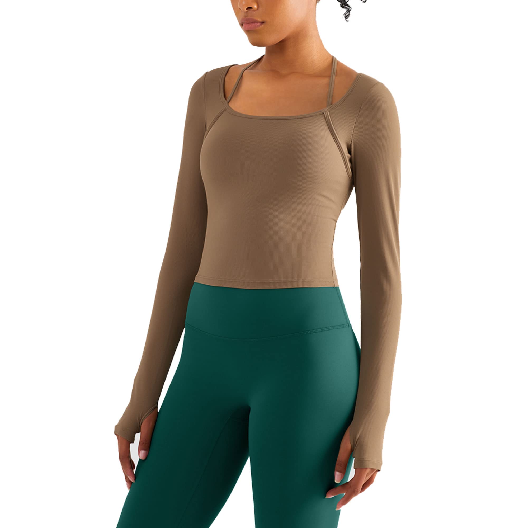 altiland Long Sleeve Workout Shirts for Women with Built in Bra, Fitted Athletic Running Crop Top Ribbed Tee Shirts(Deep Khaki,M)