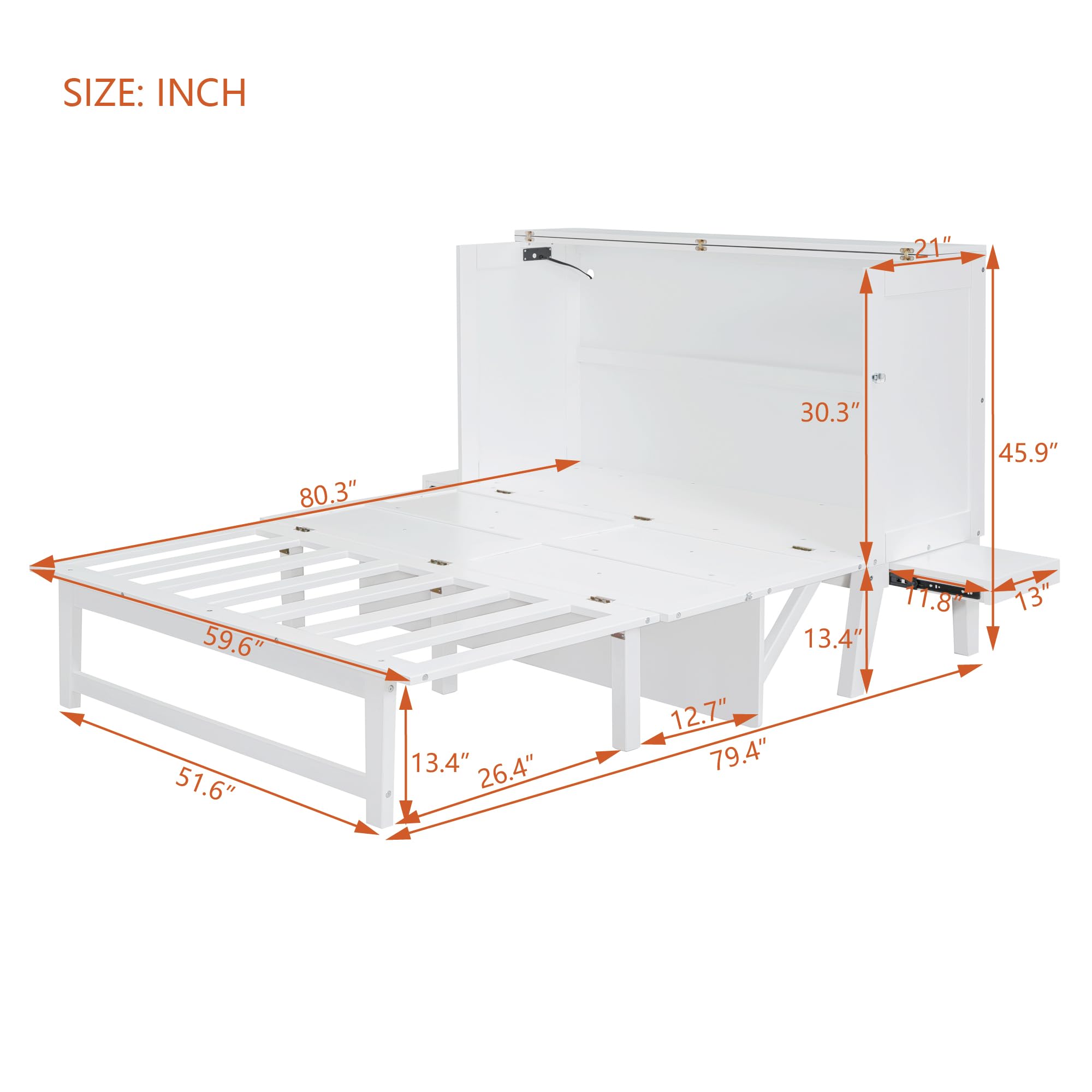Aiuyesuo Queen Size Murphy Bed with USB Port, Solid Wood Murphy Bed Frame with Removable Shelves On Each Side, Space-Saving Design for Small Spaces, Guest Room, Lounge, Office (White-W3Z1)
