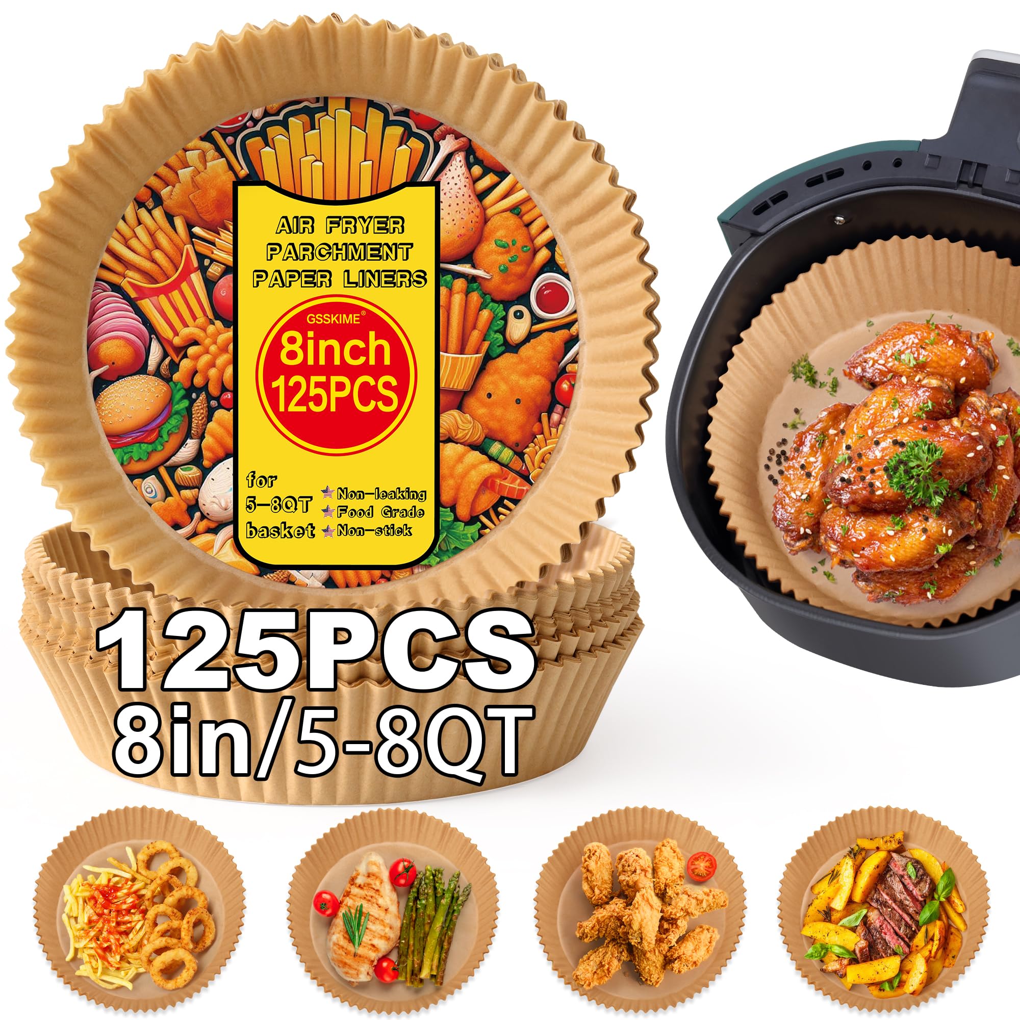 Air Fryer Liners Disposable,125PCS Air Fryer Liners, 8 Inch Non-stick Oil Resistant Airfryer Liners, Unbleached Round Parchment Paper Liners for 5-8QT Air Fryer, Baking, Roasting Microwave