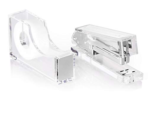 Silver Acrylic Lucite Bundle | Premium Stapler, Tape Dispenser, Scissors, Staple Remover, & Ruler Gift Set | Clear Stationery & Desk Accessories | Modern, High End, Chic, Luxury Office Goods