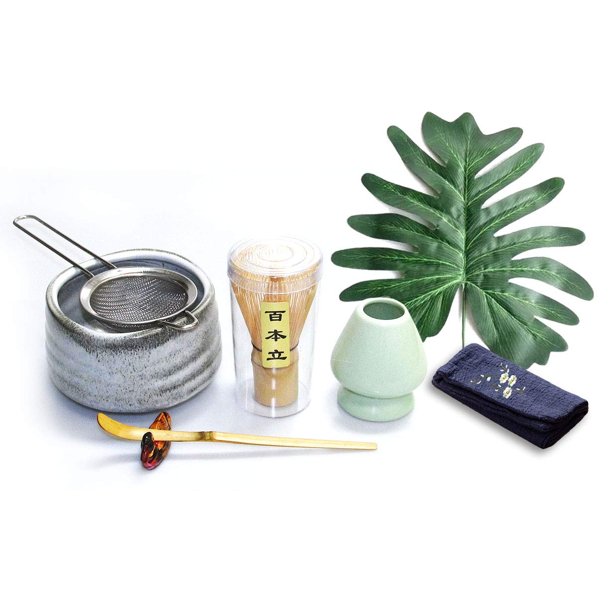 Artcome Japanese Matcha Tea Set, Matcha Whisk, Traditional Scoop, Matcha Bowl, Ceramic Whisk Holder, Handmade Ceremony Kit (7 Pcs)