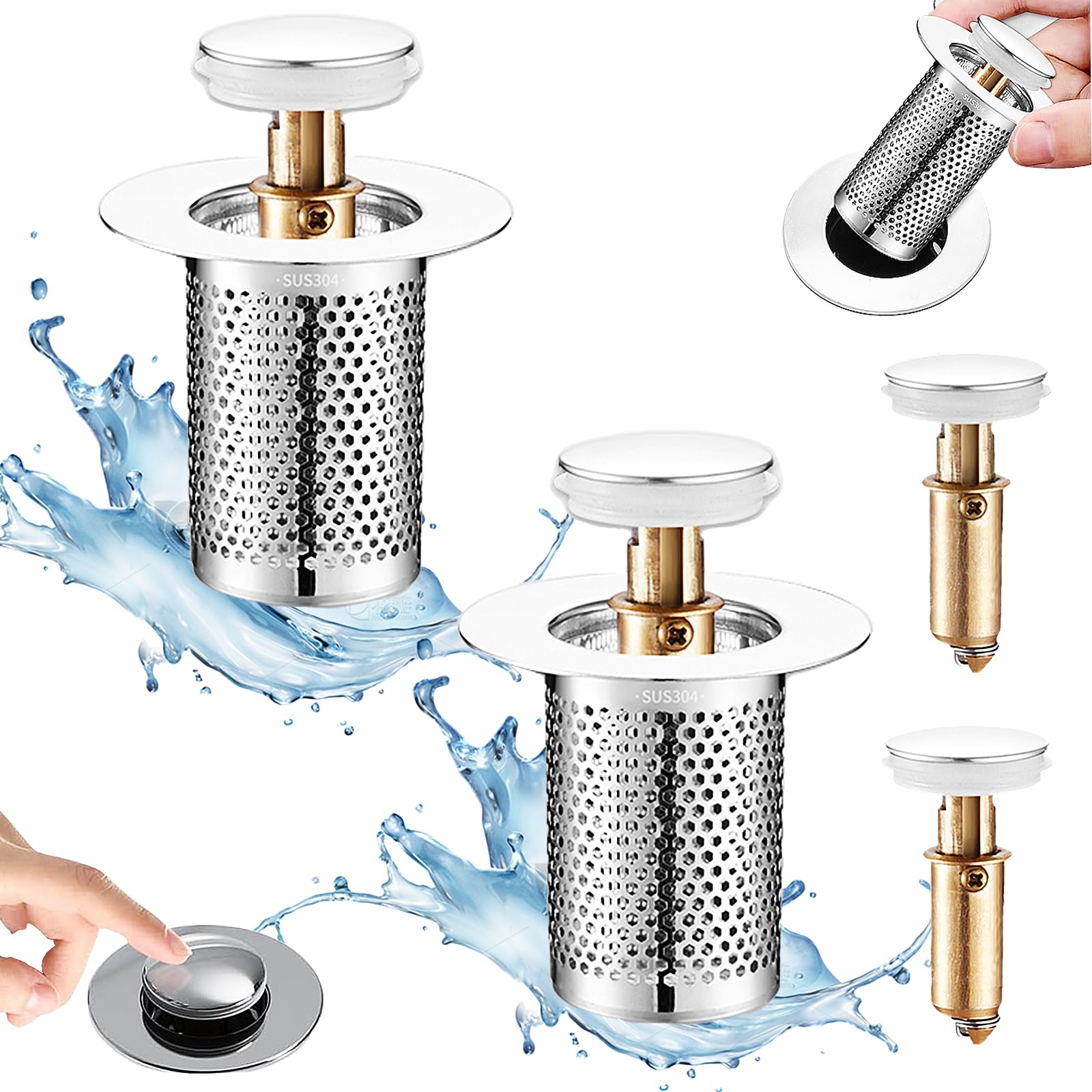 Bathroom Sink Drain Strainer Hair Catcher, Pop Up Sink Drain Filter with Removable Stainless Steel Filter Basket for 1.29-2.16 inch Bathroom Sink Stopper Replacement 2 Pack