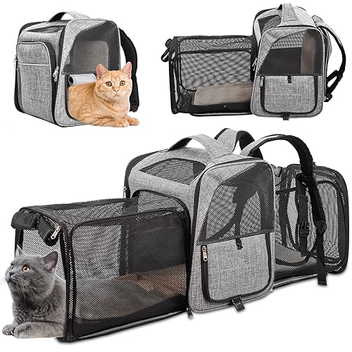 Cat Backpack Carrier, WHDPETS 2 Sides Expandable Pet Backpack for Cats Dogs fit Up to 20 lbs, Breathable Cat Carrier with Inner Safety Leash, Grey