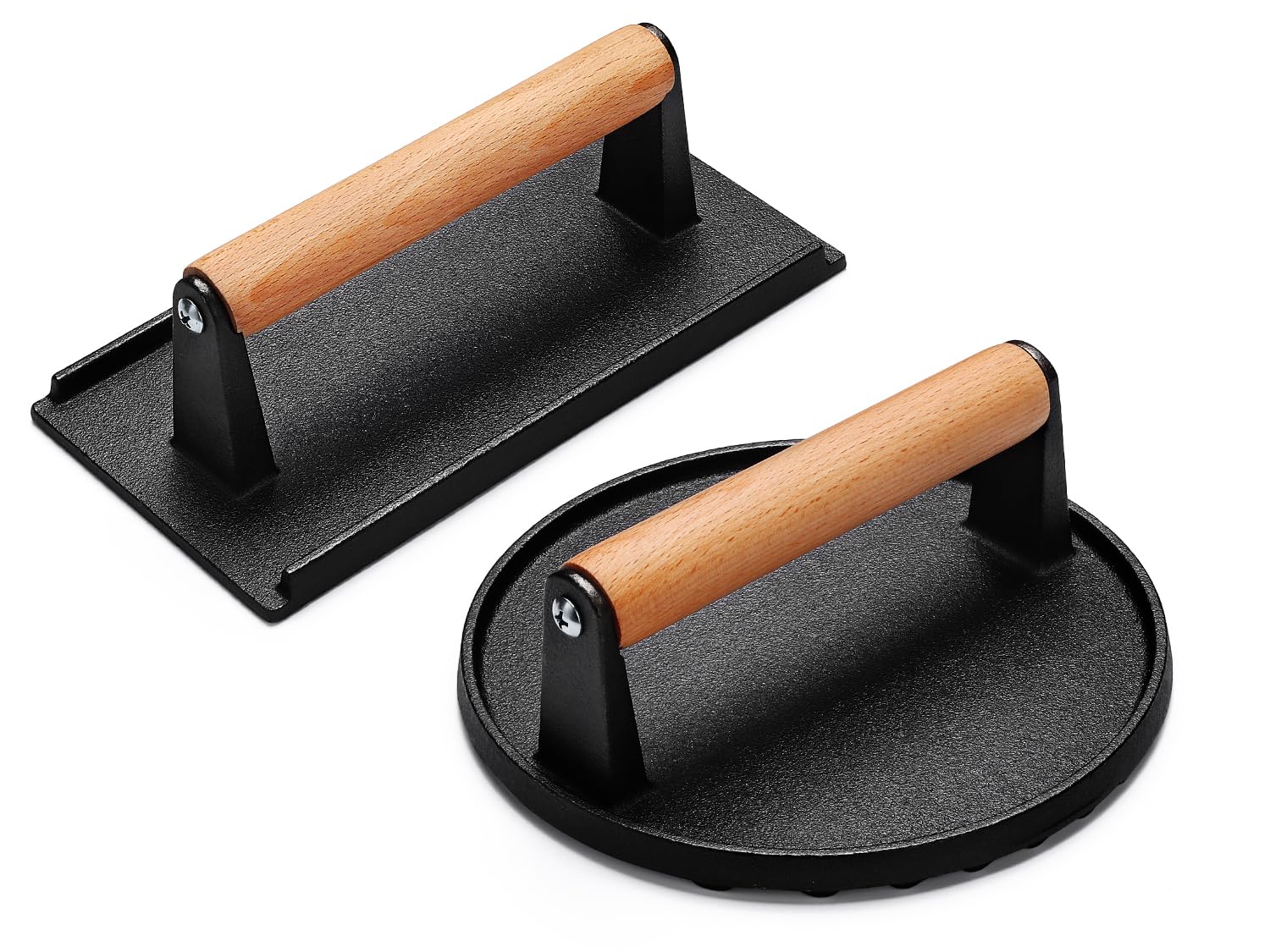 AIVIKI Burger Press, Smash Burger Press for Blackstone Griddle, Heavy Duty Cast Iron Round 6.9In & Rectangular 8.2x4.2In Bacon Grill Press with Wood Handle, Meat Steak Weight for Sandwich, Paninis