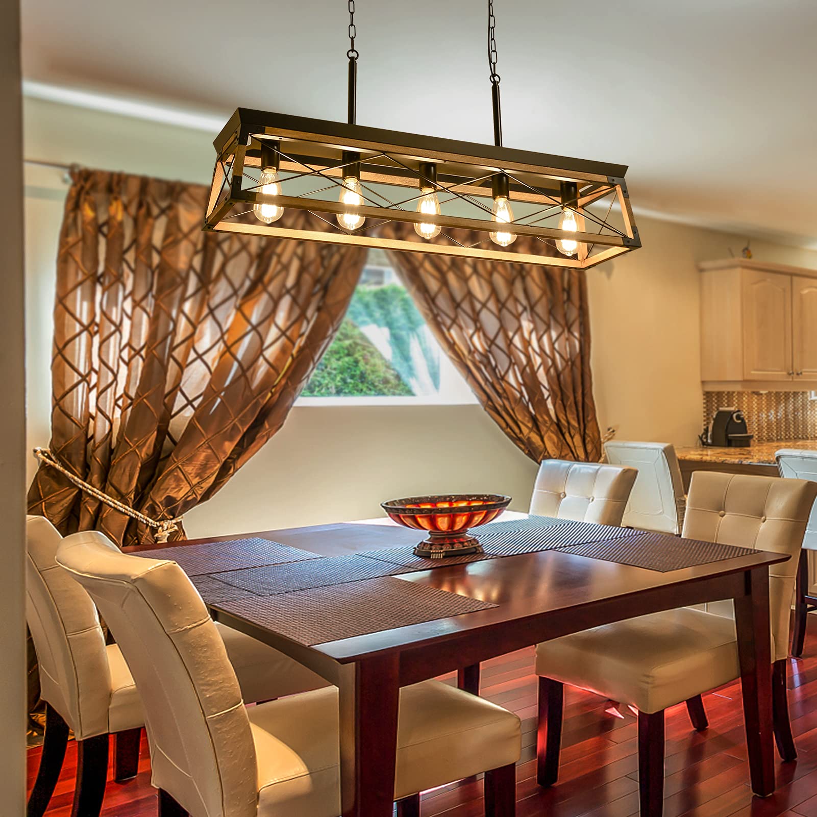 Aivvus 37.8 inch Farmhouse Wood Chandeliers, Rectangle 5 Lights Dining Room Lighting Fixtures Hanging, Kitchen Island Cage Industrial Pendant Light, Rustic Linear Chandelier Ceiling Light, Adjustable