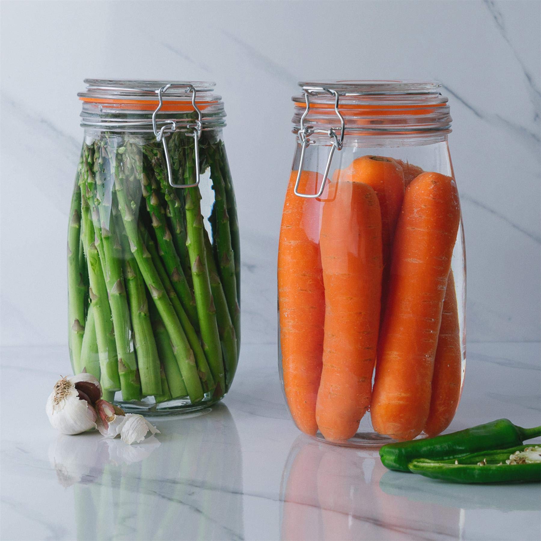 Argon Tableware 6X 1500ml (1.5 Litre) Clear Glass Storage Jars with Orange Airtight Silicone Seal and Metal Clip Lids - 50.7oz Large Empty Kitchen Containers
