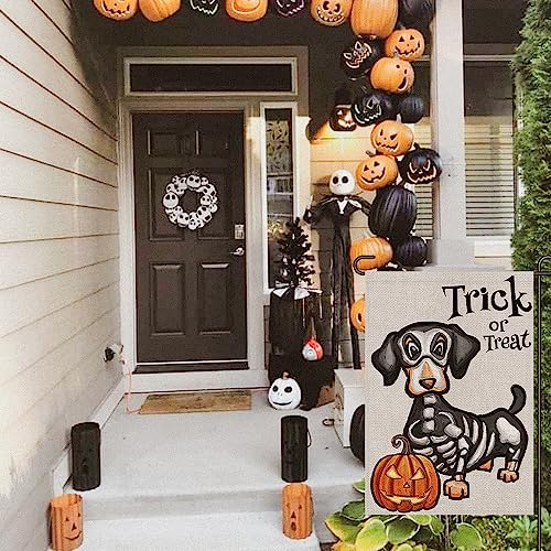 Halloween Trick or Treat Garden Flag Ghost Dog 12x18 Inch Small Double Sided Burlap Welcome Yard Dachshund Skeleton Outside Decorations DF342